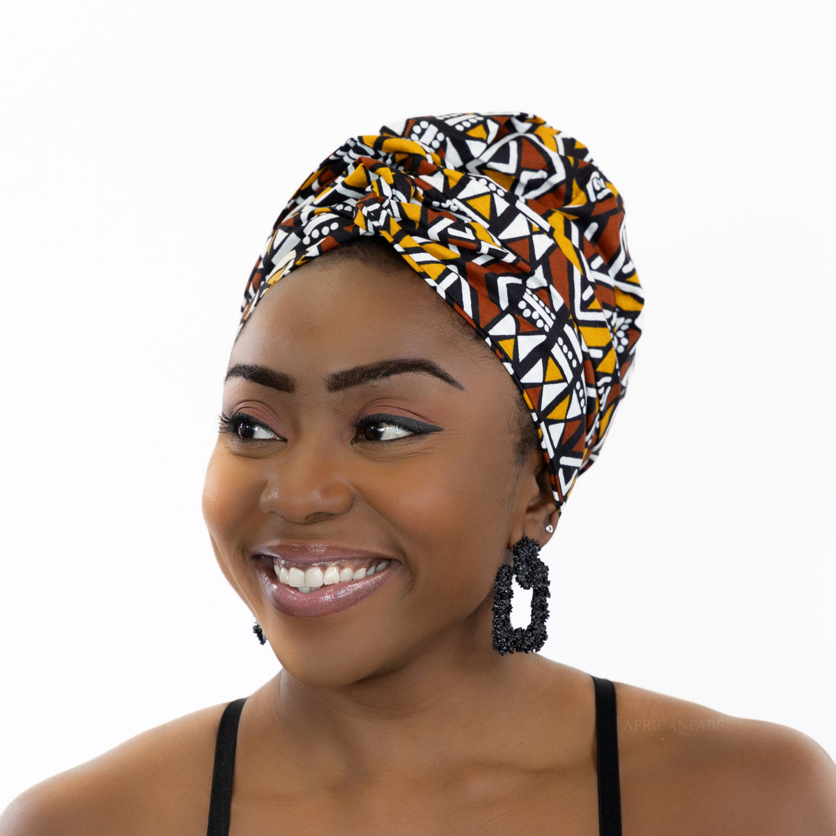 Easy headwrap - Satin lined hair bonnet - Mustard / White Bogolan – AfricanFabs