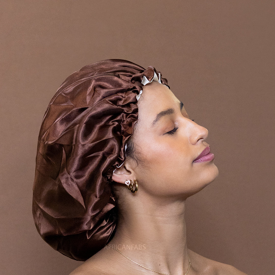 Chocolate brown Satin Hair Bonnet ( Adjustable & Reversable Satin Nigh ...