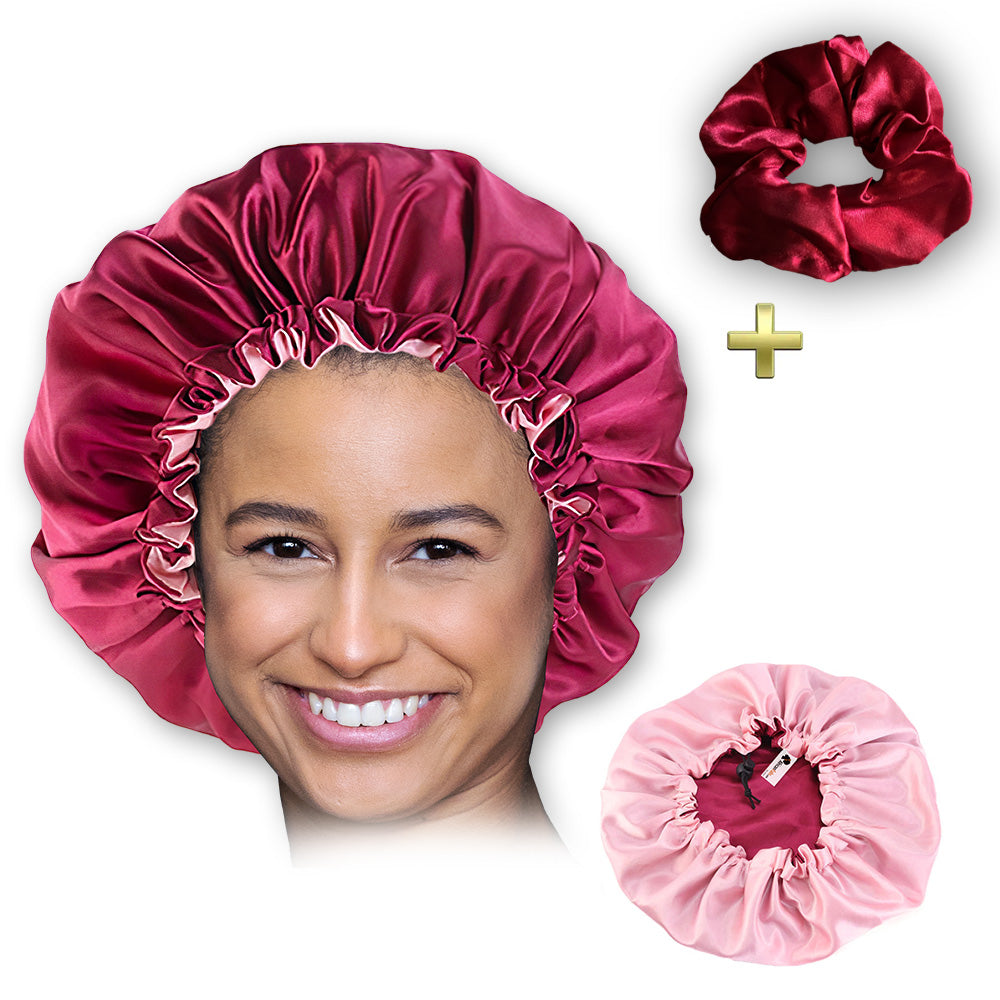 Red Satin Hair bonnet + Satin Scrunchie ( Adjustable & Reversable Sati ...