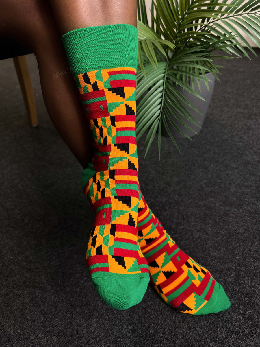 African socks / Afro socks / Kente socks - Green / orange – AfricanFabs