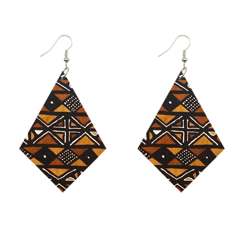 African Print Earrings | Rhombus shaped brown wooden earrings – AfricanFabs